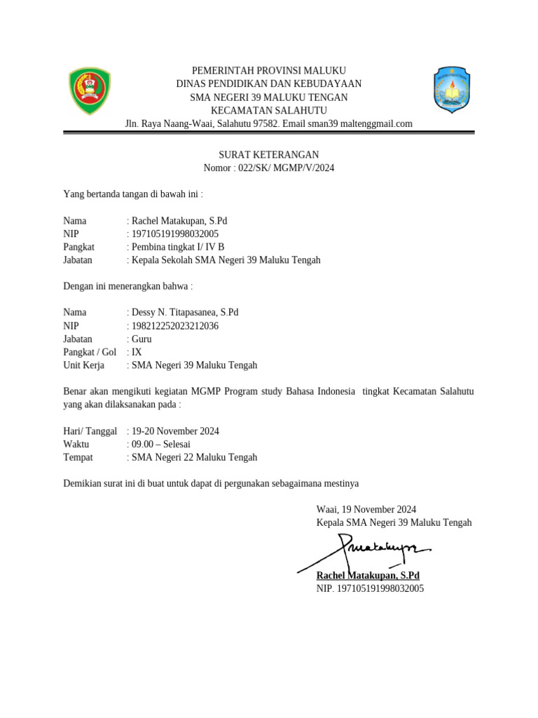 Surat Keterangan MGMP Bahasa Indonesia | PDF