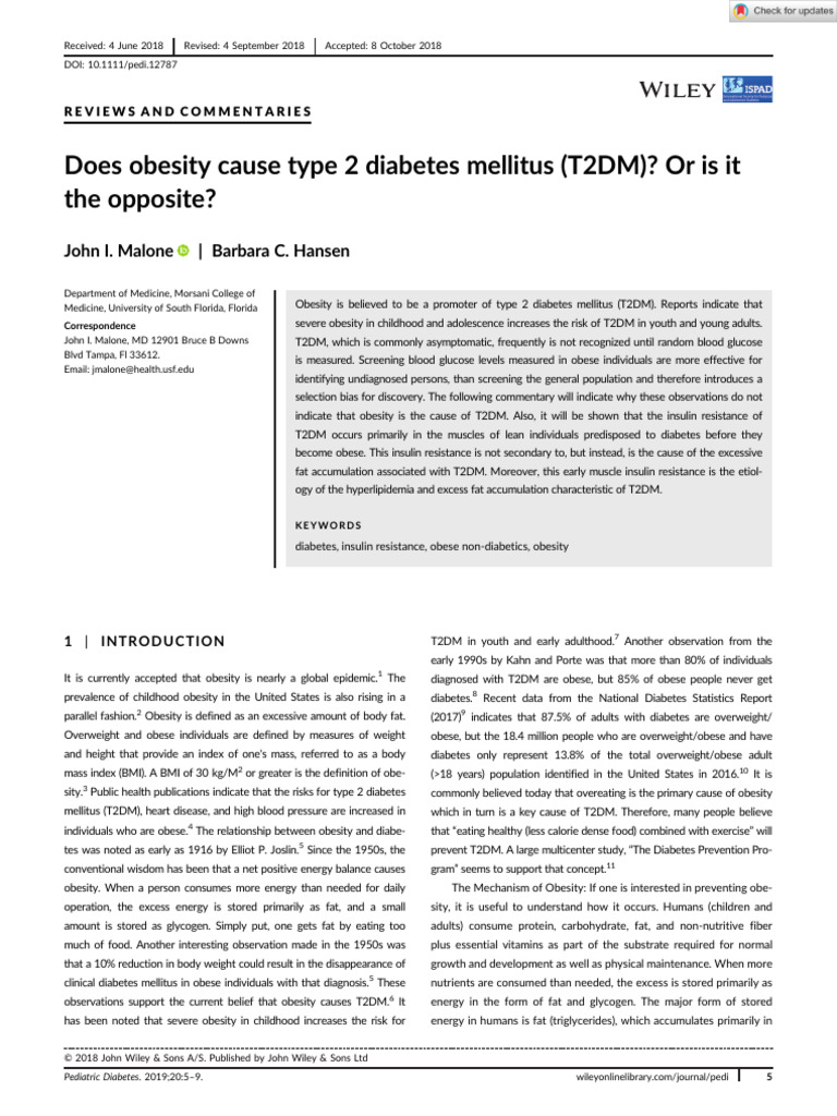 Pediatric Diabetes - 2018 - Malone - Does Obesity Cause Type 2 Diabetes ...
