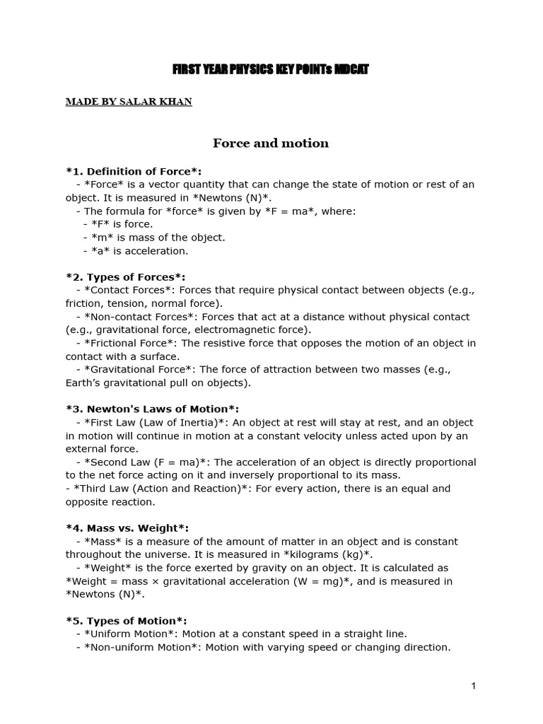 MDCAT First Year Physics Key Points | PDF | Waves | Force