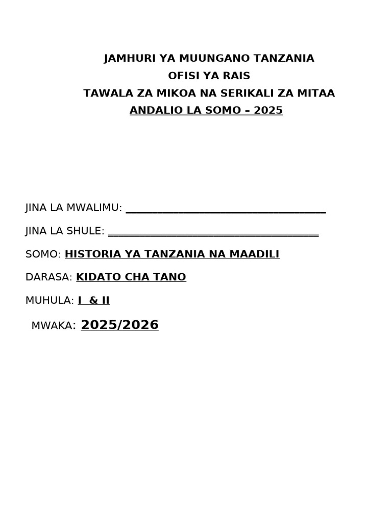 Lesson Plan Historia Ya Tanzania Na Maadili Kidato Cha Tano 2025 | PDF