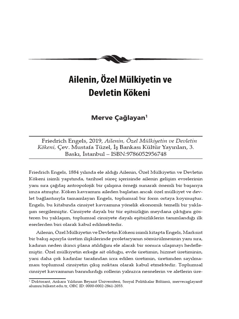 Merve Caglayan Ailenin Ozel Mulkiyetin Ve Devletin Kokeni Friedrich Engels | PDF