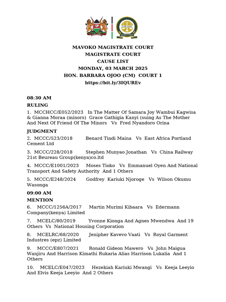 Mavoko Law Courts Weekly Cause List 03 March 2025 To 07 March 2025 | PDF