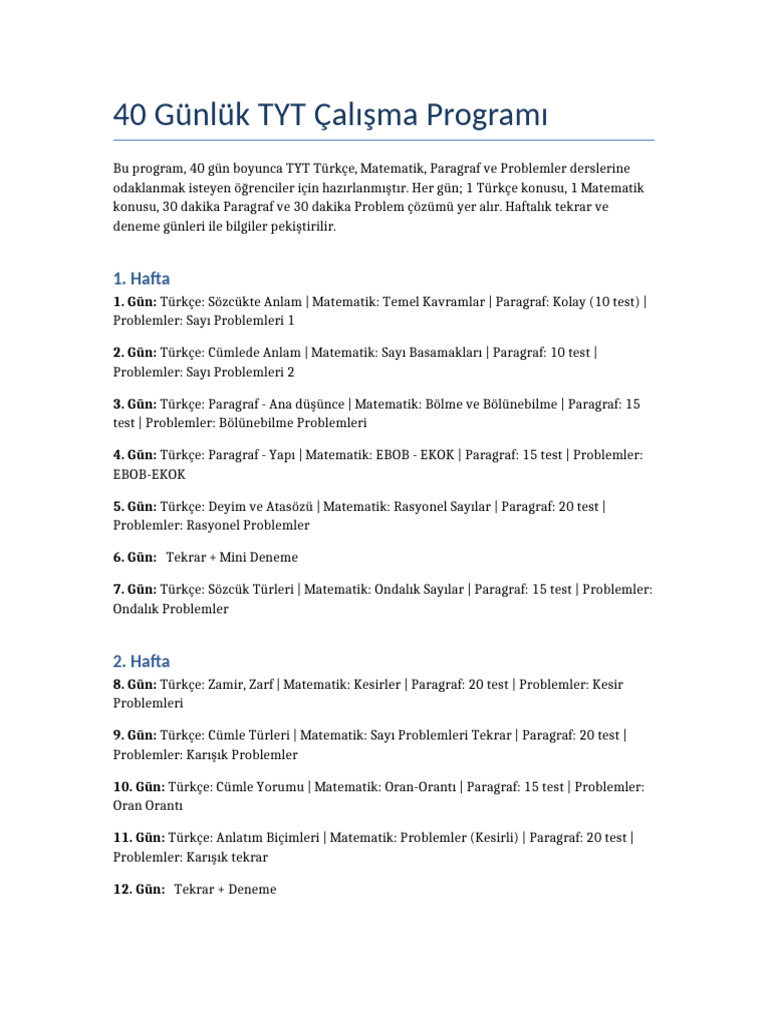 40 Gunluk TYT Program | PDF