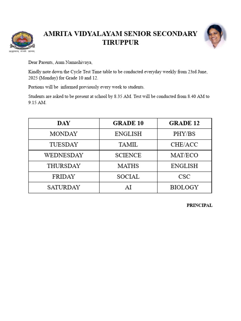 Grade 10 & 12 Cycle Test Timetable | PDF