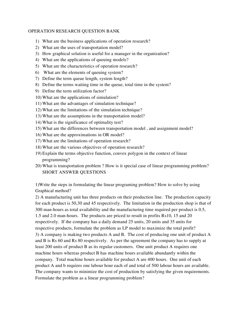 Operation Research Question Bank | PDF | Linear Programming ...