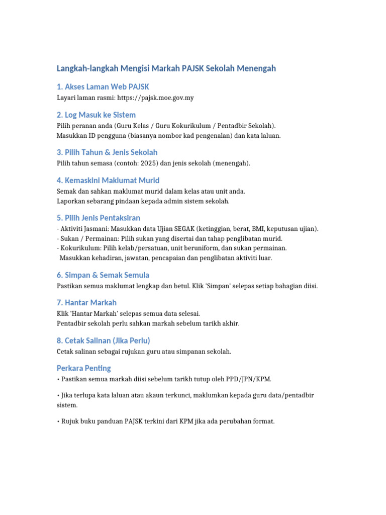 Langkah Mengisi Markah PAJSK | PDF