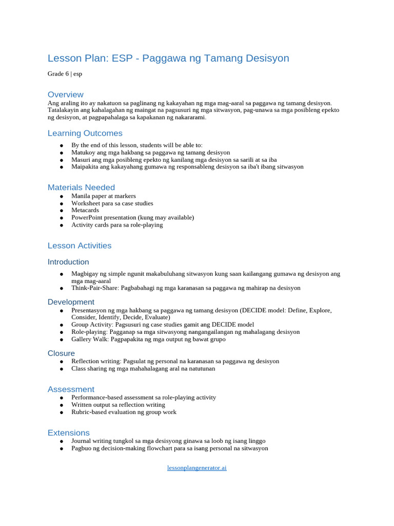 Esp Grade6 Lesson Plan | PDF