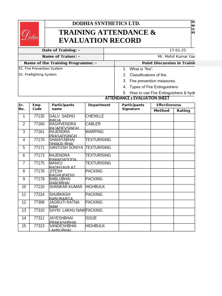 Fire Safety Training Attendance Record | PDF | Safety | Heat Transfer