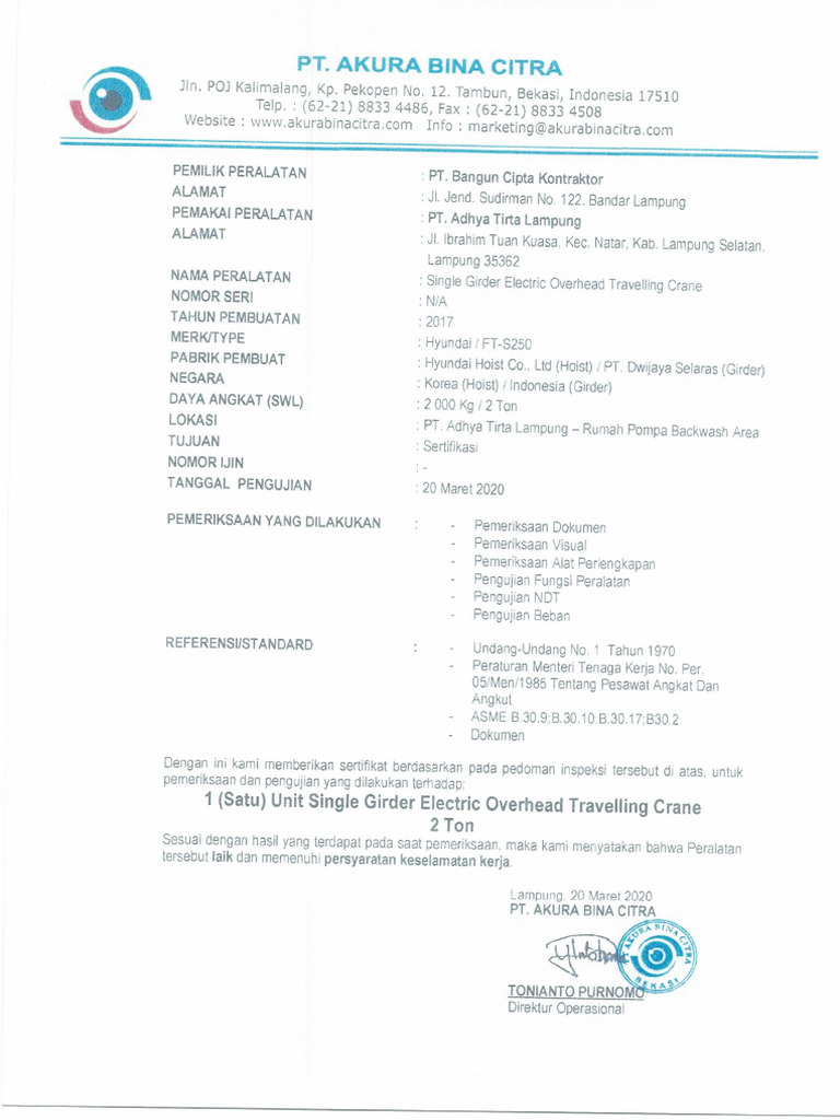 BA Pemasangan Hoist Crane (Data Nama Pemasang) | PDF