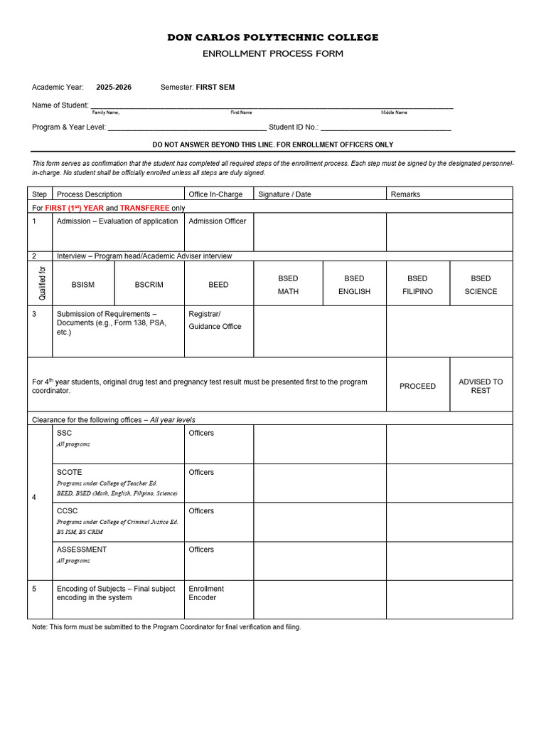 Don Carlos Polytechnic Enrollment Form | PDF