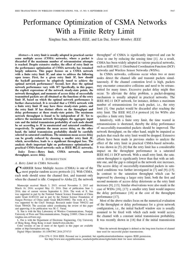 Performance Optimization of CSMA Networks With A Finite Retry Limit ...