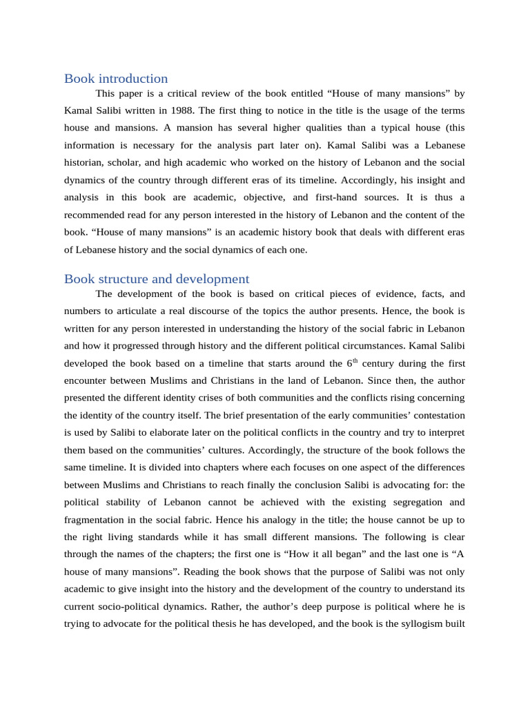 Critical Review of "House of Many Mansions" | PDF | Lebanon | Argument