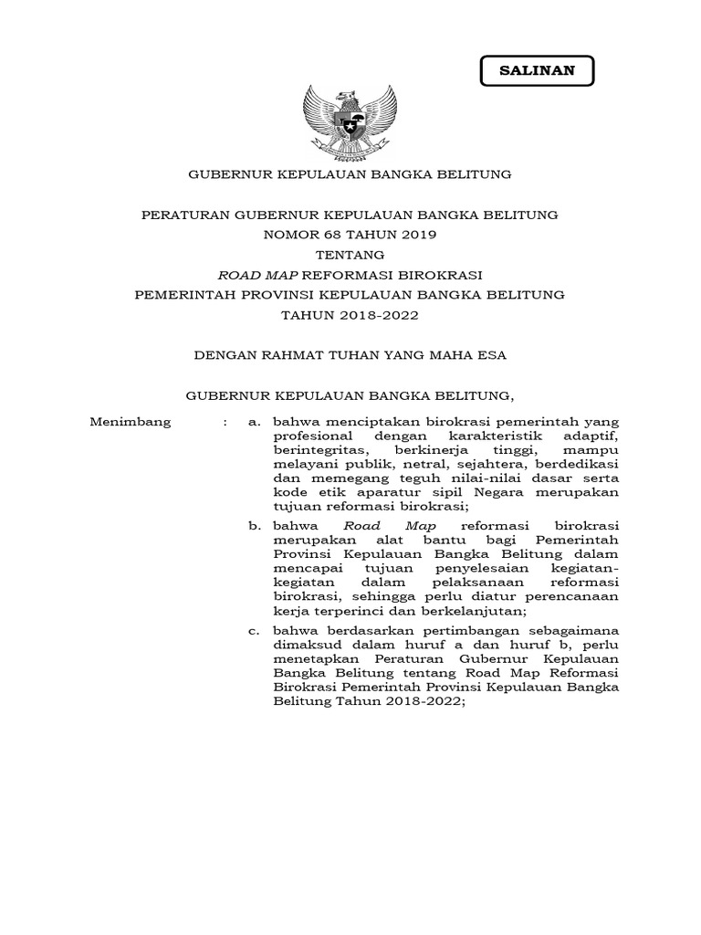 [2019] PERGUB - Nomor 68 Tahun 2019 (Road Map RB 2018-2022) | PDF