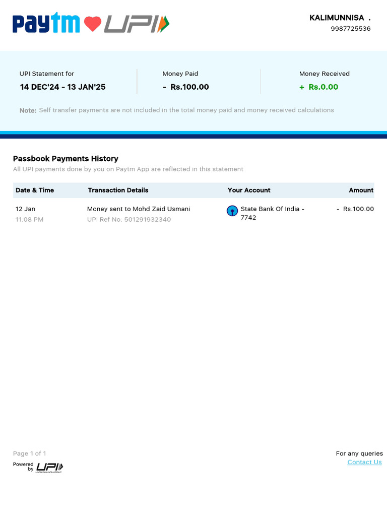 Paytm UPI Statement 14 Dec'24 - 13 Jan'25 | PDF