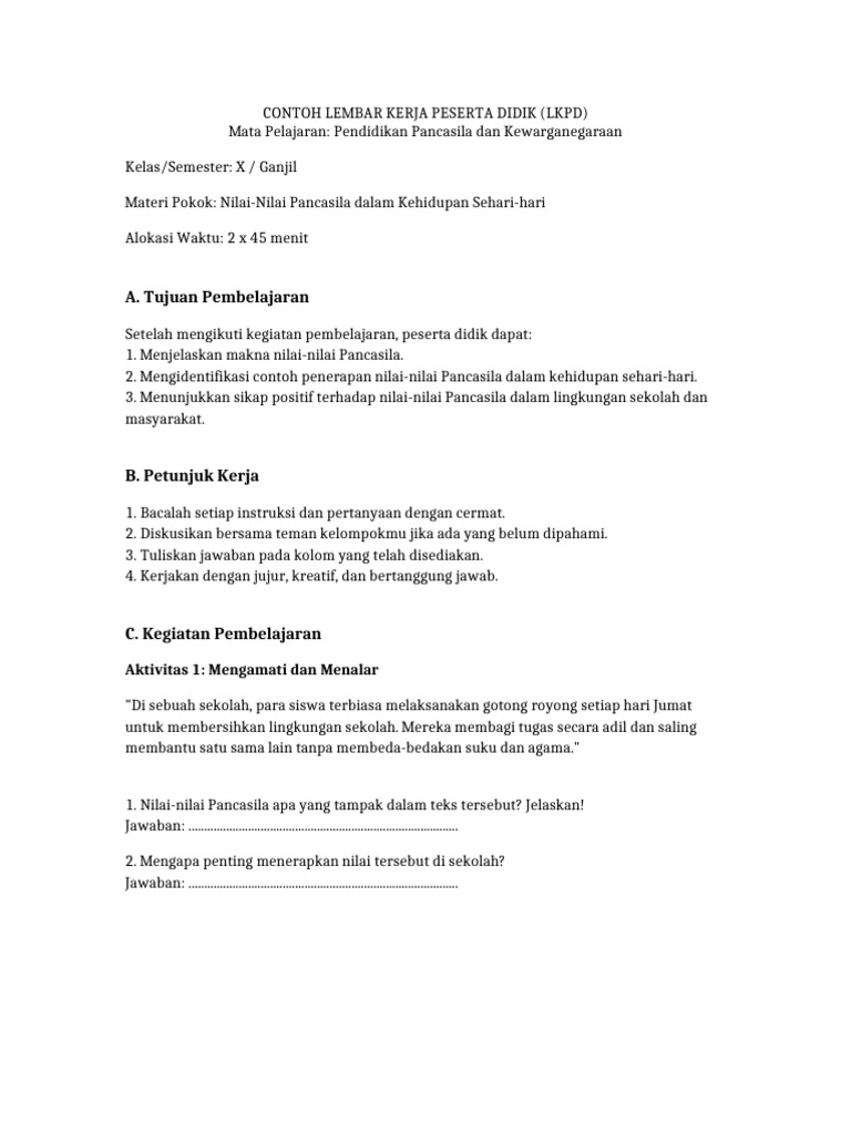 LKPD PPKN Kelas X Pancasila | PDF