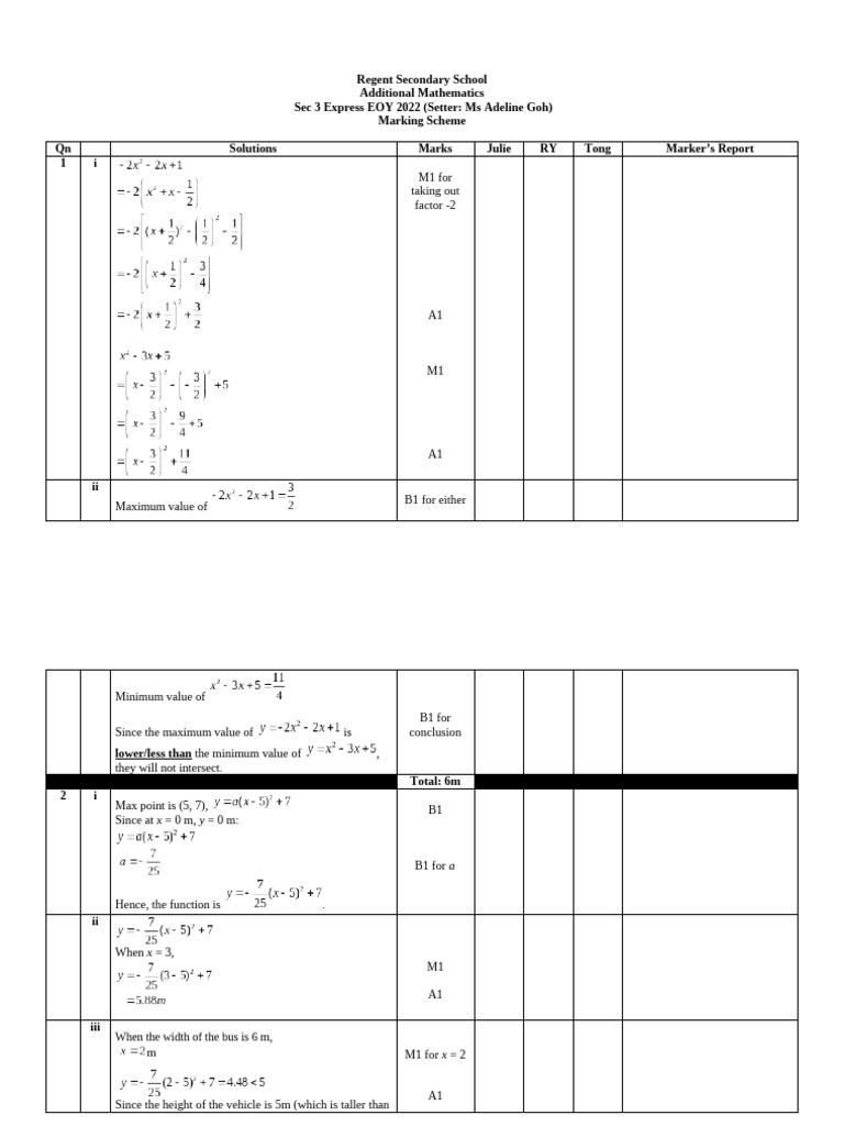 2022 EOY 3EXP A Math Marking Scheme - P1 | PDF | Mathematics