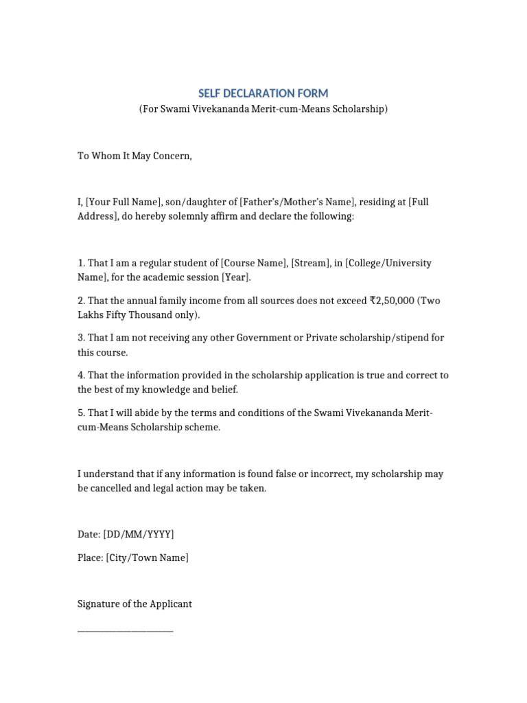 SVMCM Scholarship Self Declaration Form | PDF