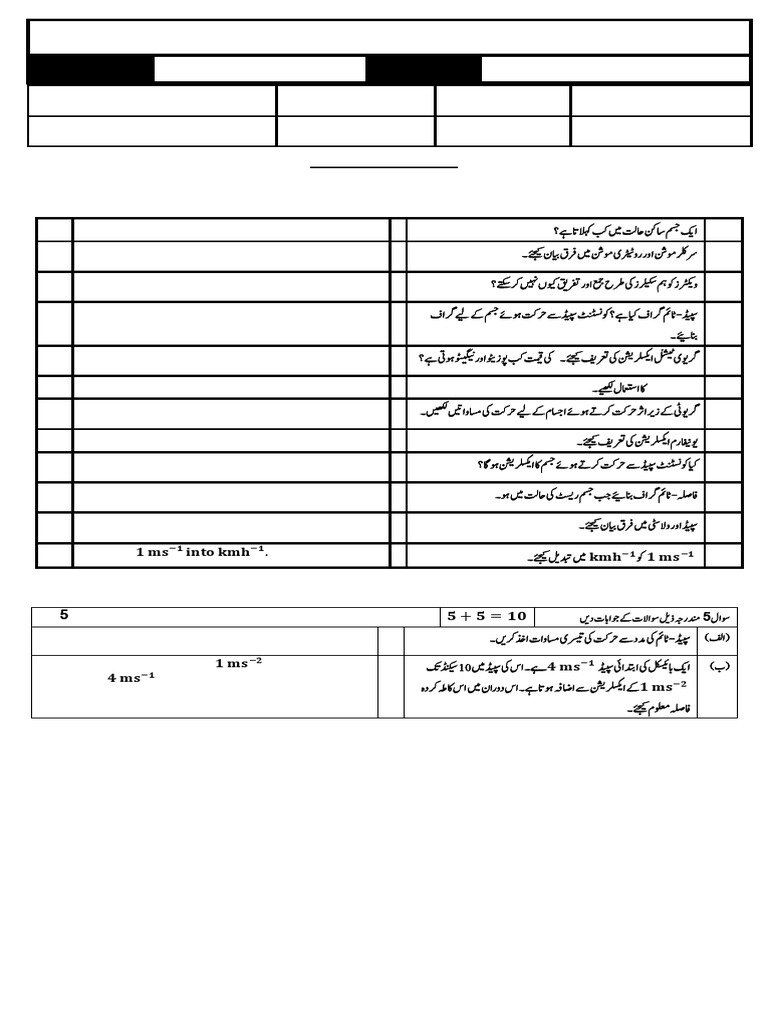 9th Class Physics Paper 1st Term Study Inn Academy | PDF | Acceleration | Velocity