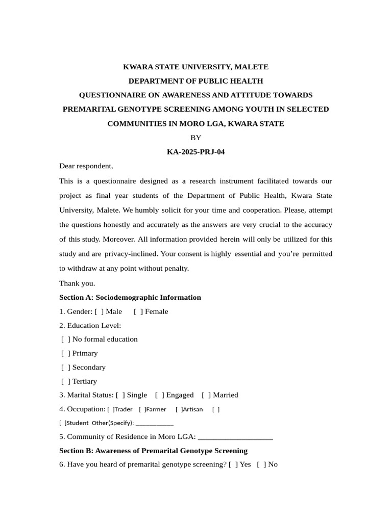 Copy-Premarital Screening Questionnaire | PDF | Genotype