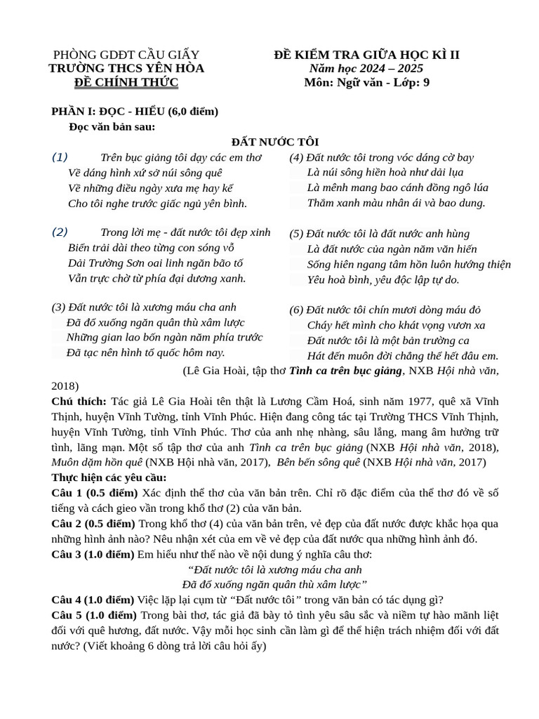 2025 Đề v9 Yên Hoà Kt Ghkii 9 (Chính Thức) | PDF