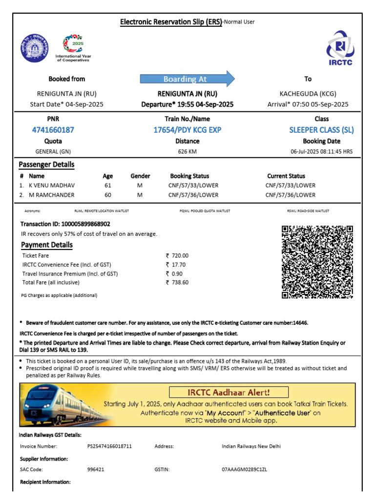 17654/PDY KCG EXP Sleeper Class (SL) | PDF | Identity Document | Payments