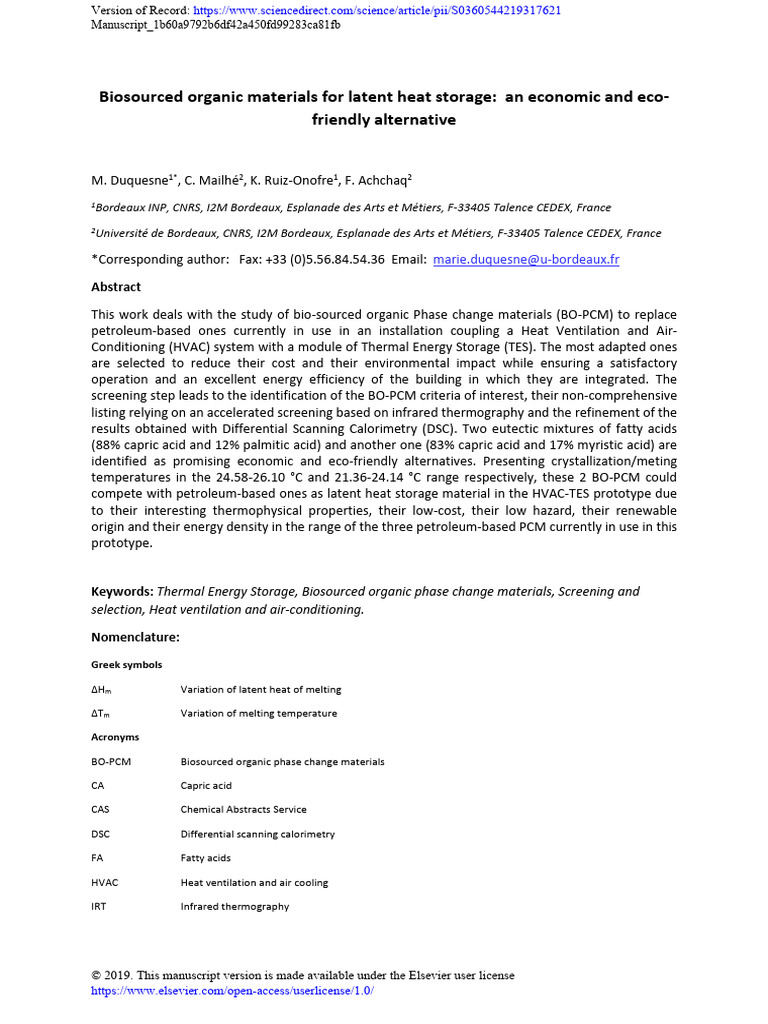 Biosourced Organic Materials For Latent Heat Storage: An Economic and ...