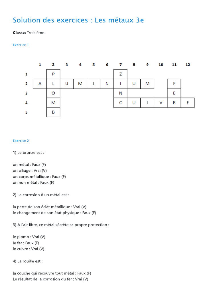 Solution Des Exercices _ Les Métaux 3e | PDF
