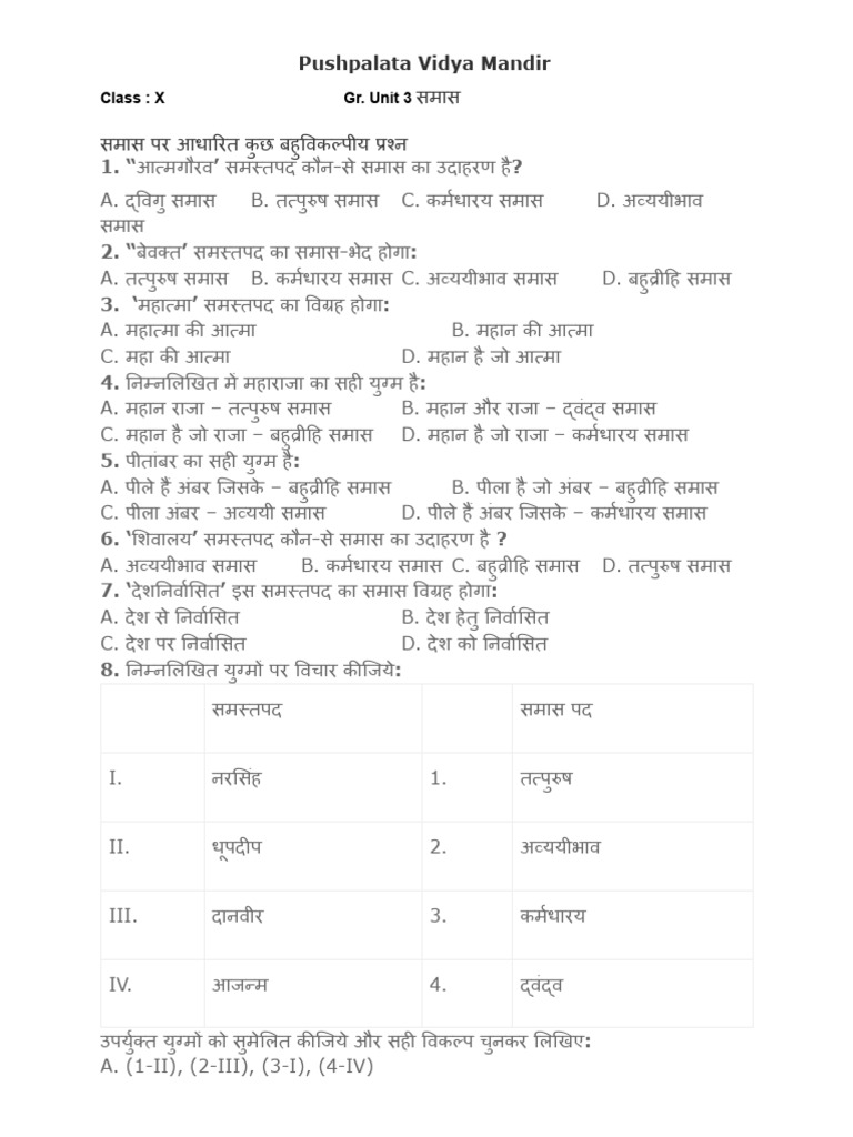 X Hindi Gr. Unit 3 MCQ | PDF