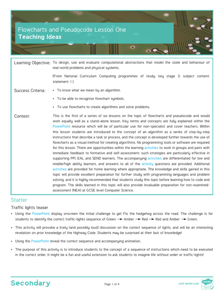 Flowcharts and Pseudocode Lesson 1 Teaching Ideas | PDF | Algorithms | Computer Programming