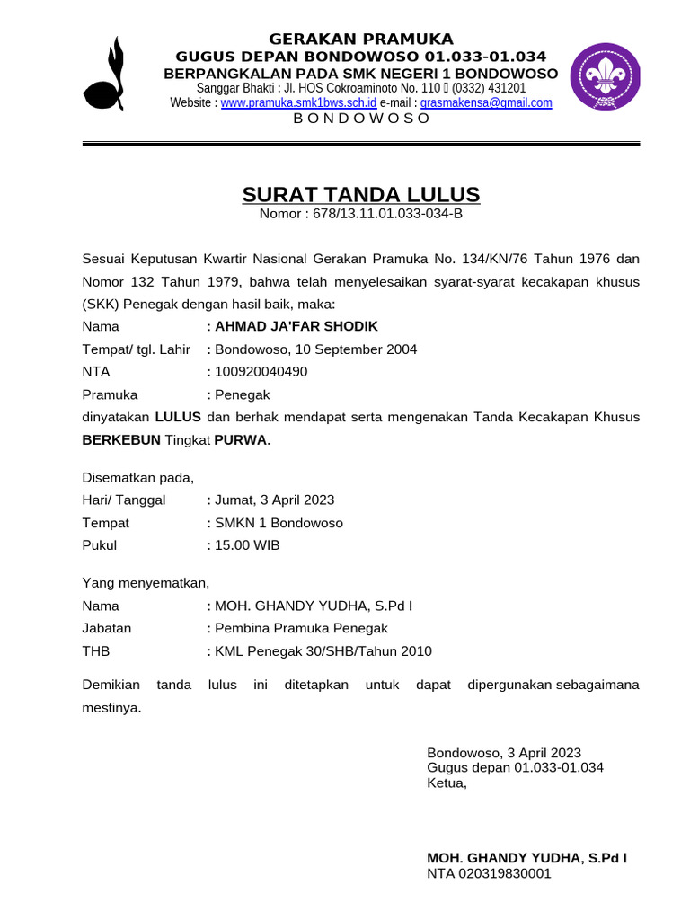 Surat Tanda Lulus Pramuka Ahmad Ja'far | PDF