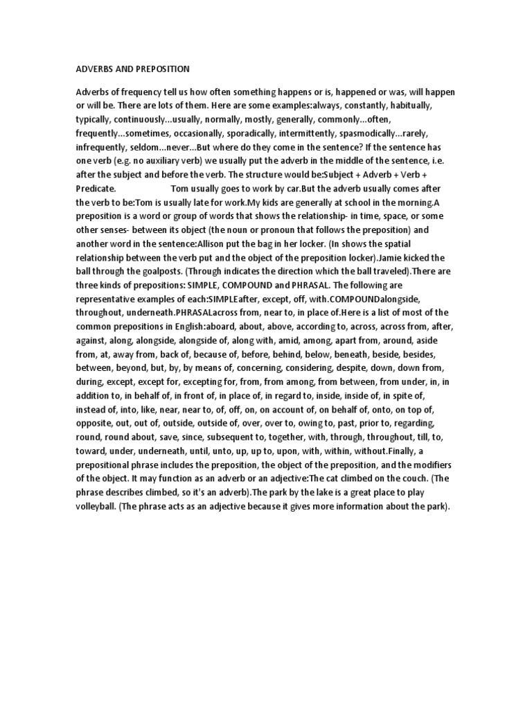 Adverbs and Preposition | PDF | Preposition And Postposition | Verb