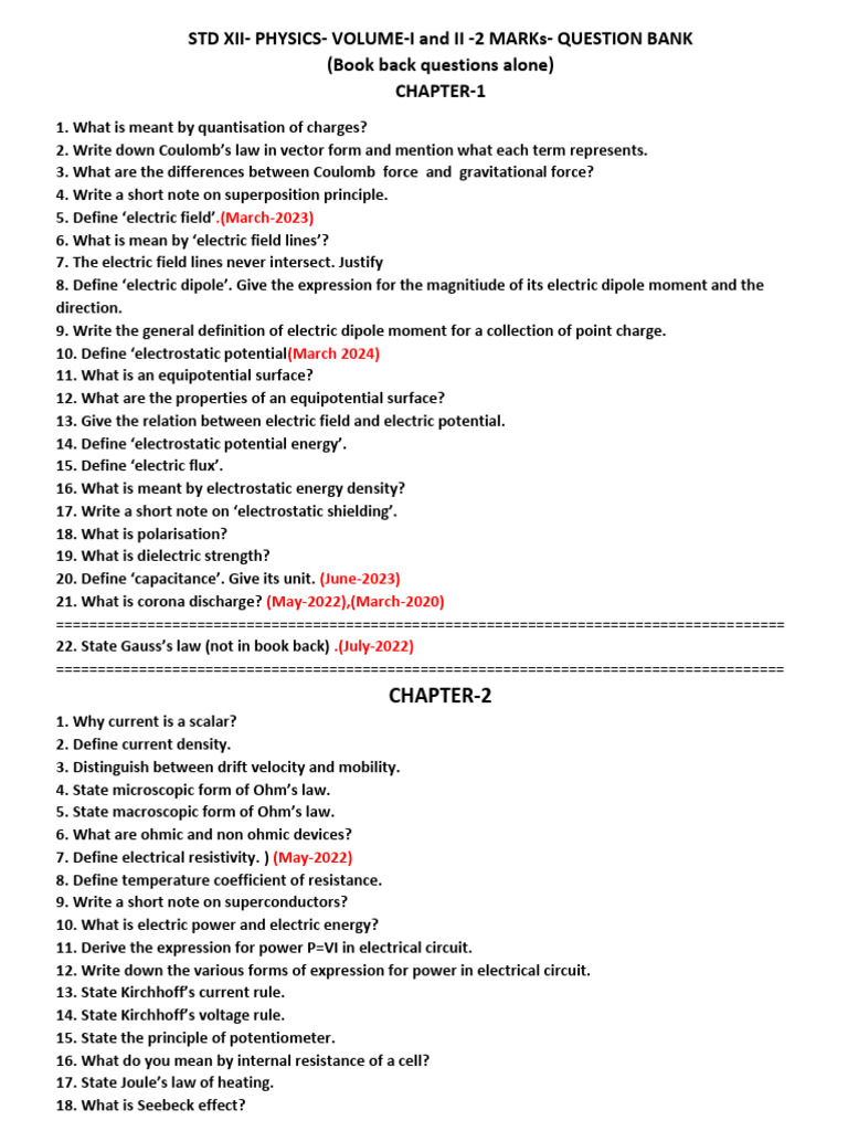 STD Xii-Physics I and II Volume - 2 Mark Question Bank | PDF | Diffraction | Inductance