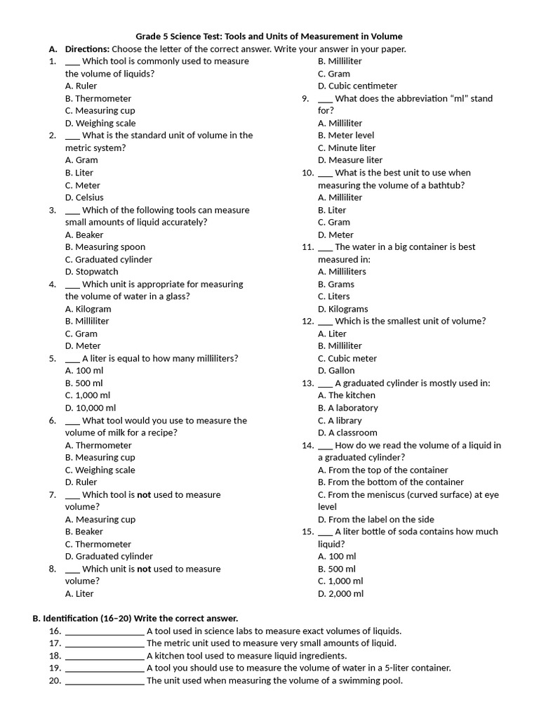Grade 5 Science Test - Volume | PDF | Litre | Volume