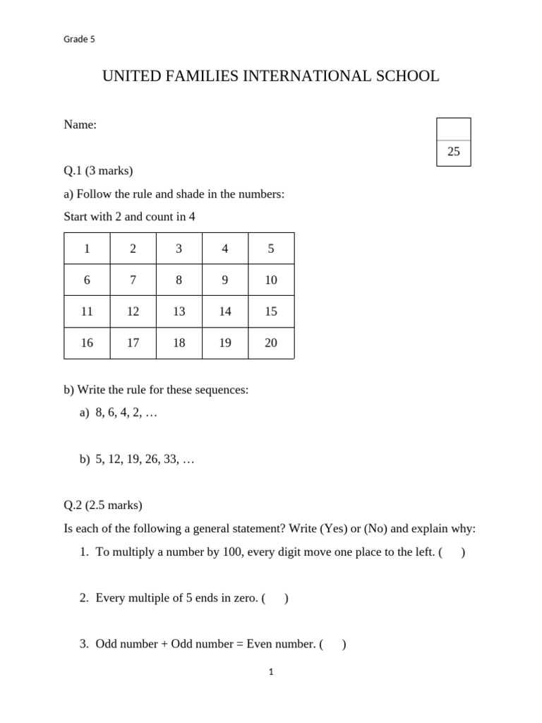 Grade 5 Math Assessment Worksheet | PDF