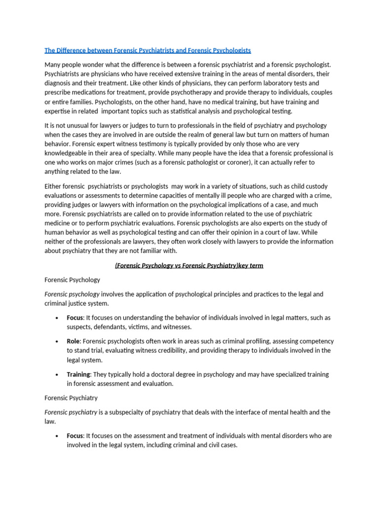 Forensic Psychiatry vs Psychology Explained | PDF | Forensic Psychiatry ...