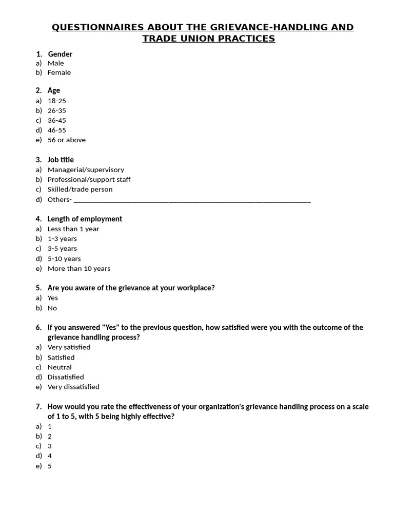 QUESTIONNAIRE (Grievance Handling and Trade Unon Practices at MCL ...