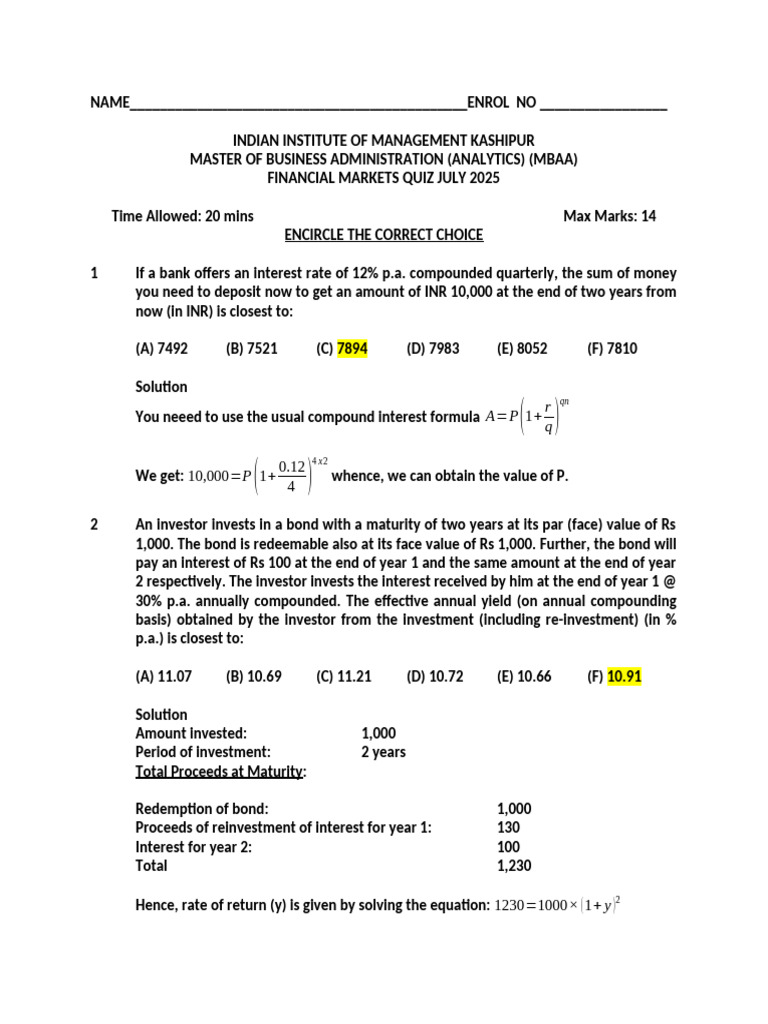 MBAA Financial Markets Quiz July 2025 | PDF | Bonds (Finance) | Interest