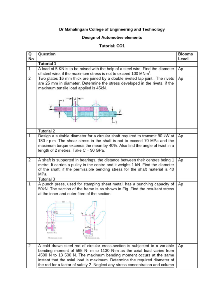 Two Mark Questins and Tutorials Module 1 and 2 | PDF | Bearing ...