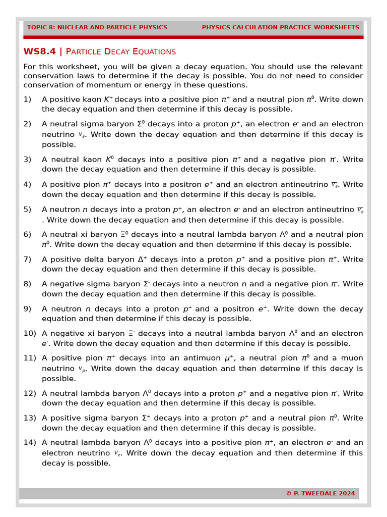 WS8.4 Particle Decay Equations (PJT) | PDF | Neutrino | Radioactive Decay