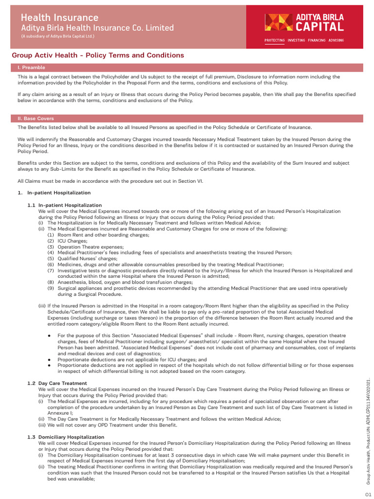 Health Insurance Policy Terms and Benefits | PDF | Insurance | Physical ...
