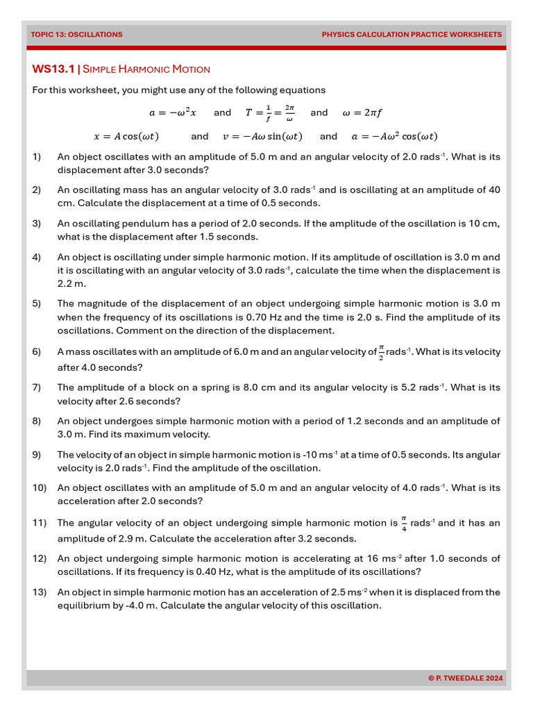 WS13.1 Simple Harmonic Motion (PJT) | PDF | Oscillation | Velocity
