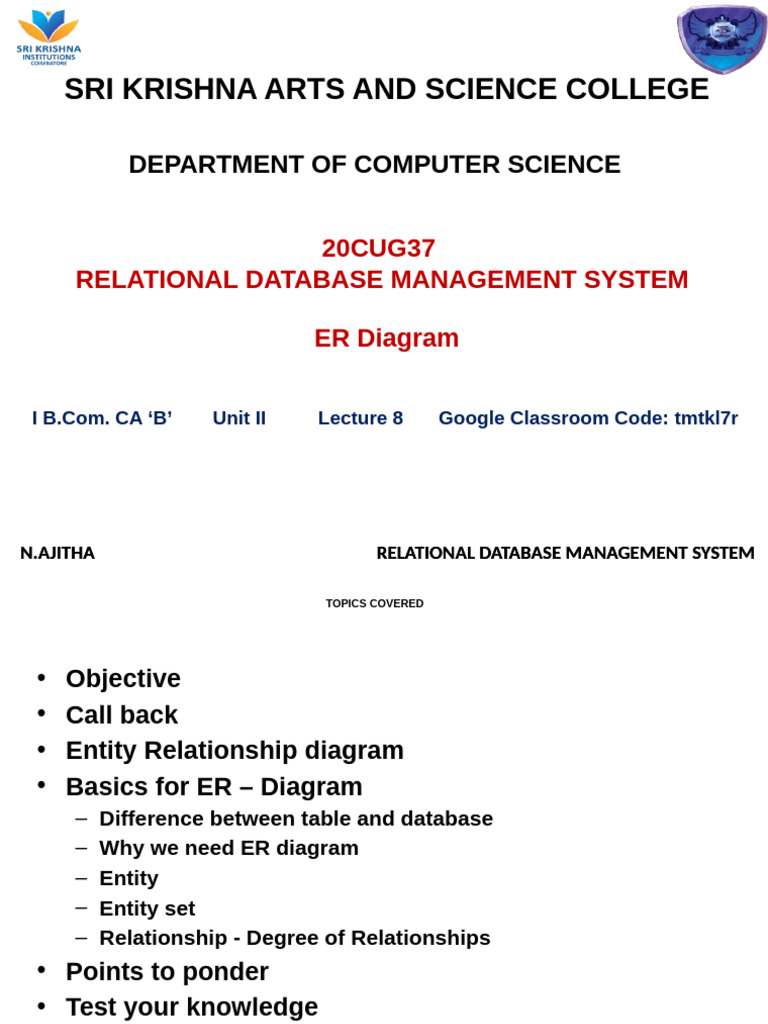 DBMS - Lecture 8 - ER Diagram | PDF | Relational Model | Relational ...