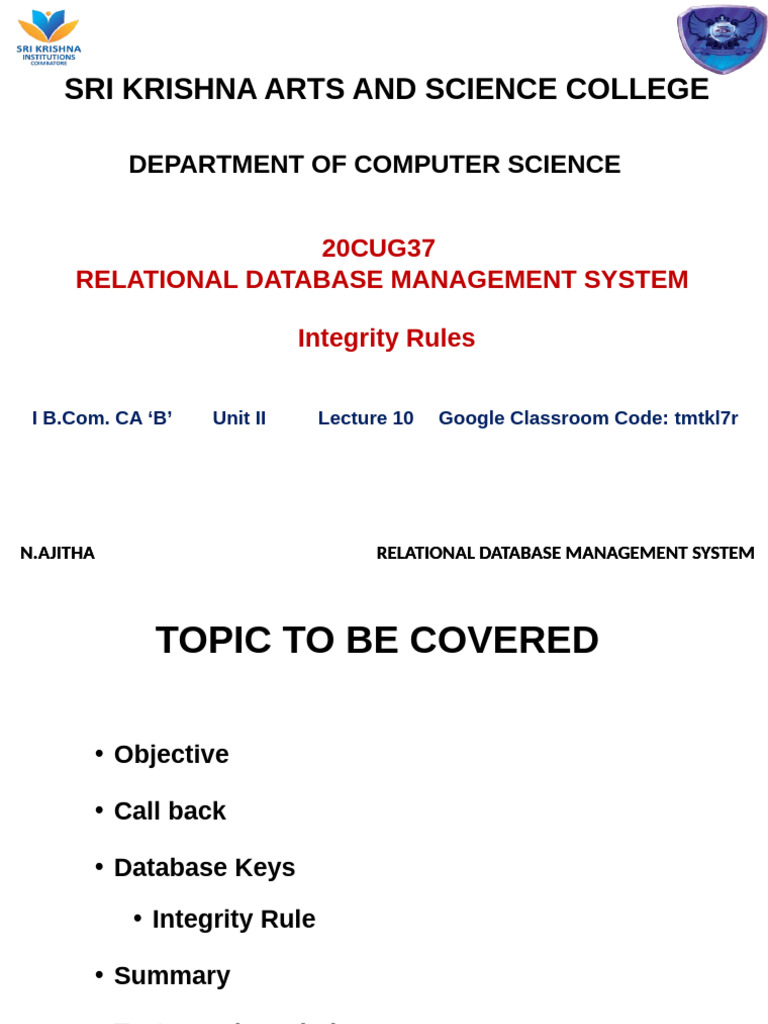 DBMS - Lecture 10 - Integrity Rule Rule1, Rule 2 | PDF | Relational Model | Relational Database