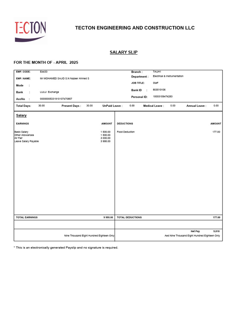 Tecton Engineering Salary Slip April 2025 | PDF