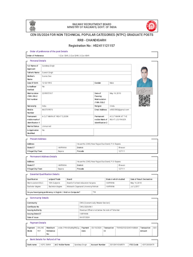 RRB NTPC Graduate Application 2024 | PDF