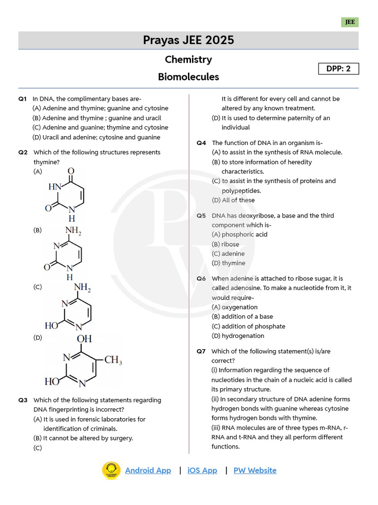 Biomolecules DPP 02 Prayas JEE 2025 | PDF | Nucleotides | Nucleic Acids
