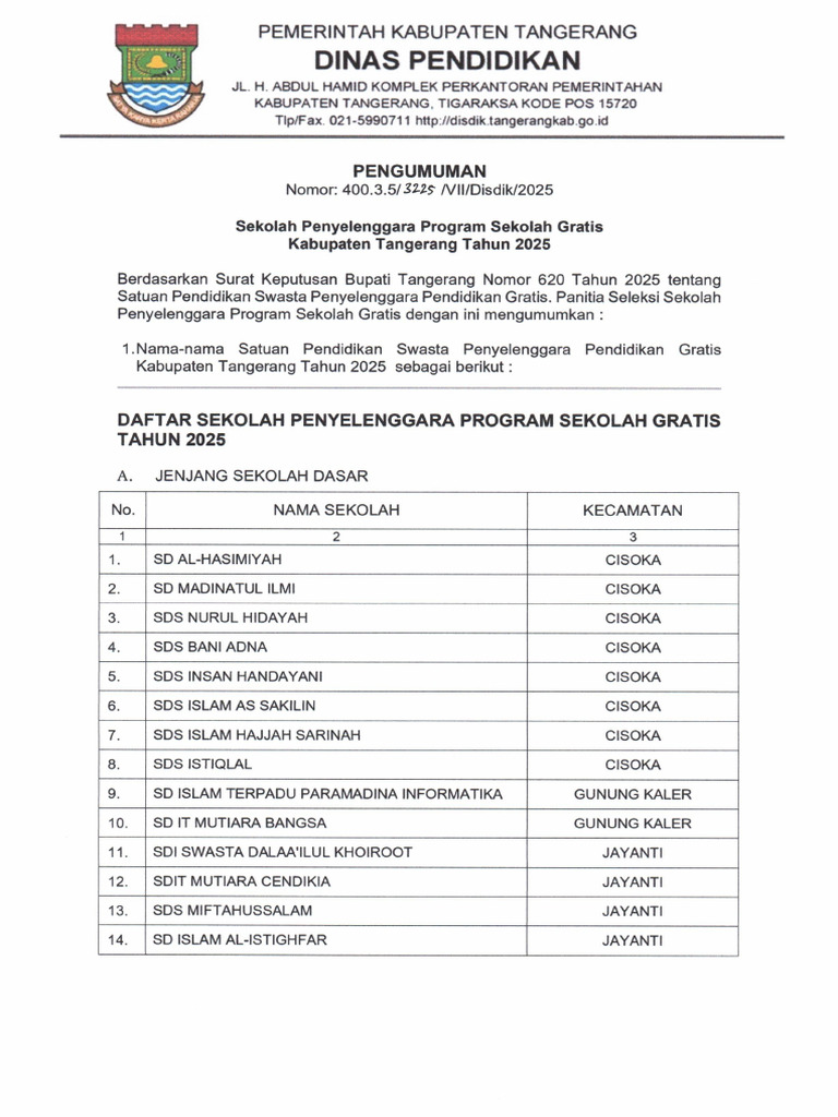 Pengumuman Sekolah Penyelenggara Program Sekolah Gratis Tahun 2025 | PDF