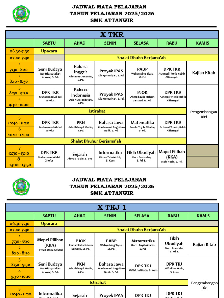 Jadwal Pelajaran SMK Attanwir 2025/2026 | PDF