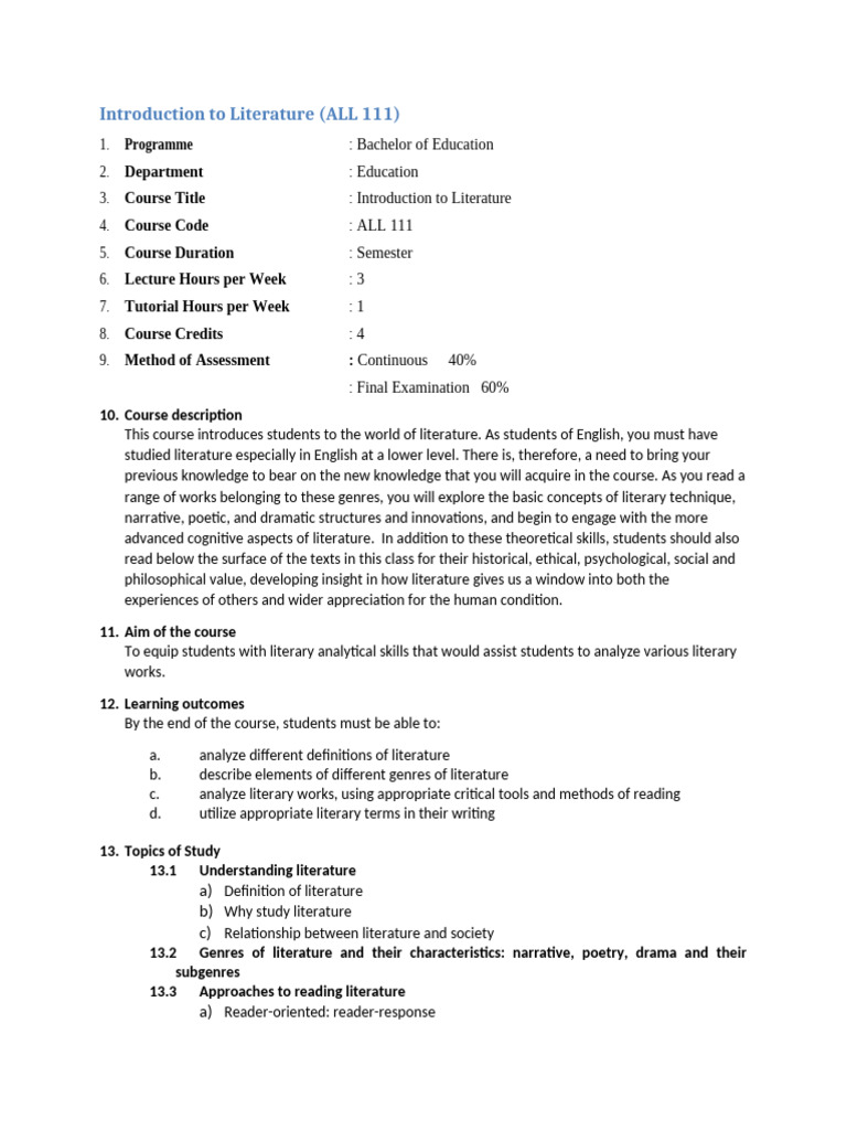 Course Outline - Introduction To Literature | PDF | Poetry | Narrative