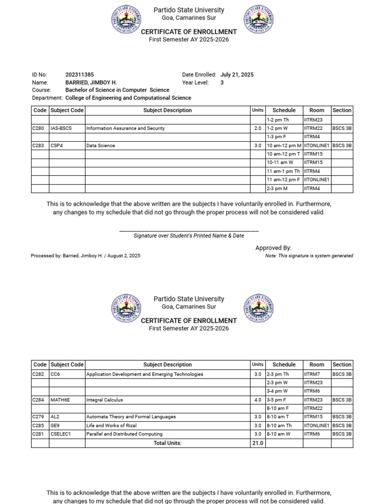 Certificate of Enrollment | PDF | Computing | Computer Science